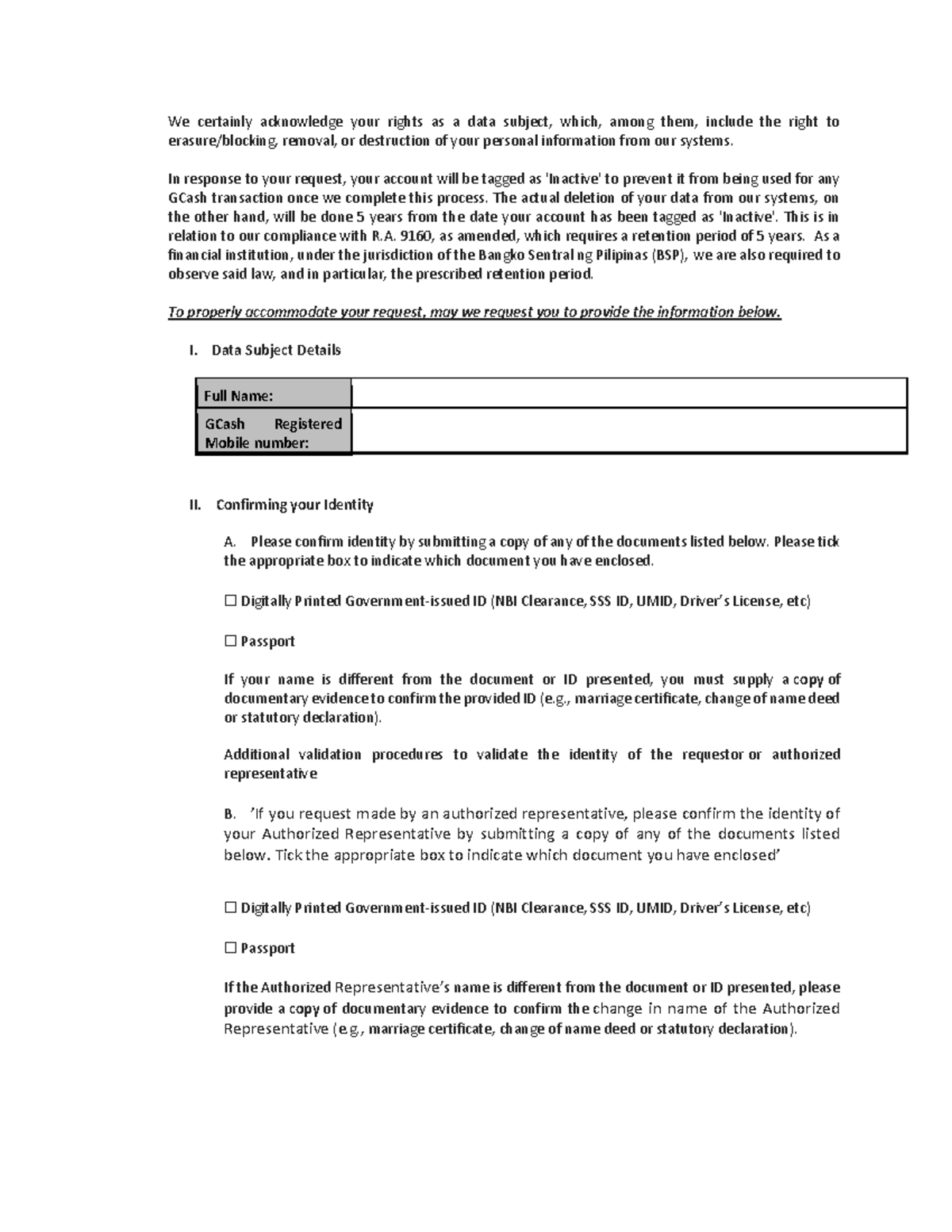 GCash Account Deletion Form - Data erasure Request Guide - Studocu