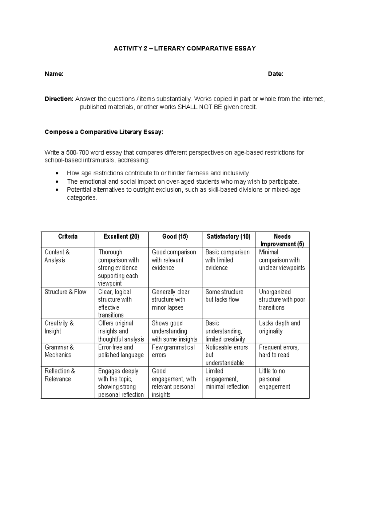 21ST - Activity 2 - shahwhhw - ACTIVITY 2 – LITERARY COMPARATIVE ESSAY ...