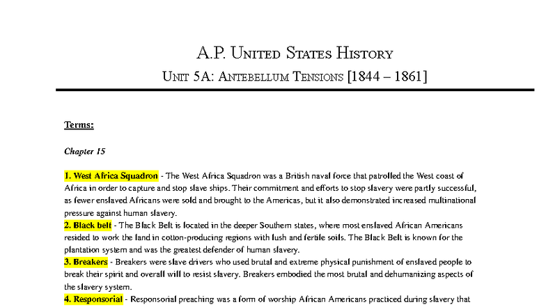 A.P. U.S. HISTORY UNIT 5A: ANTEBELLUM TENSIONS STUDY GUIDE - Studocu