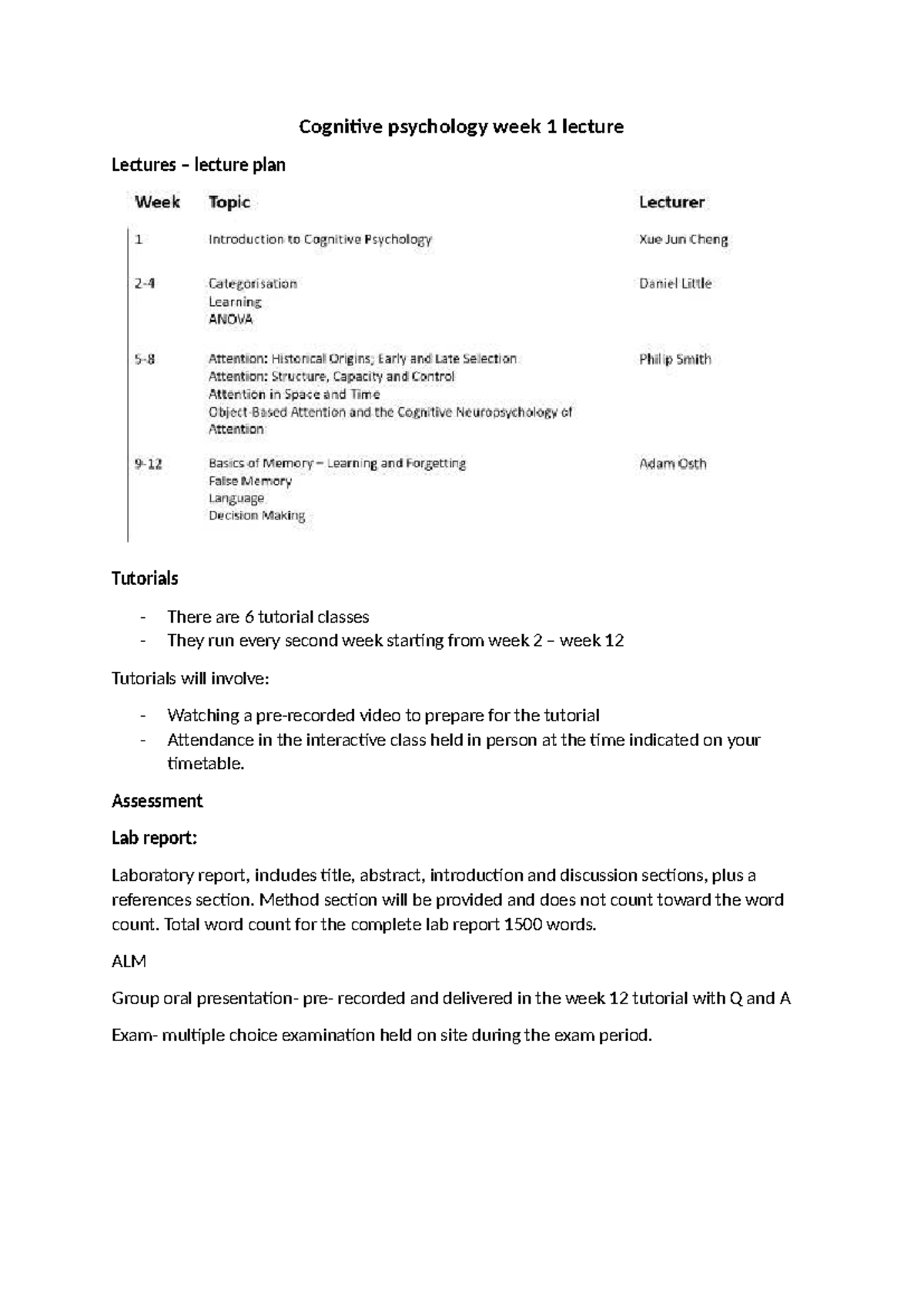 Cognitive Psychology PSY101 Week 1 Lecture Overview and Tutorials - Studocu