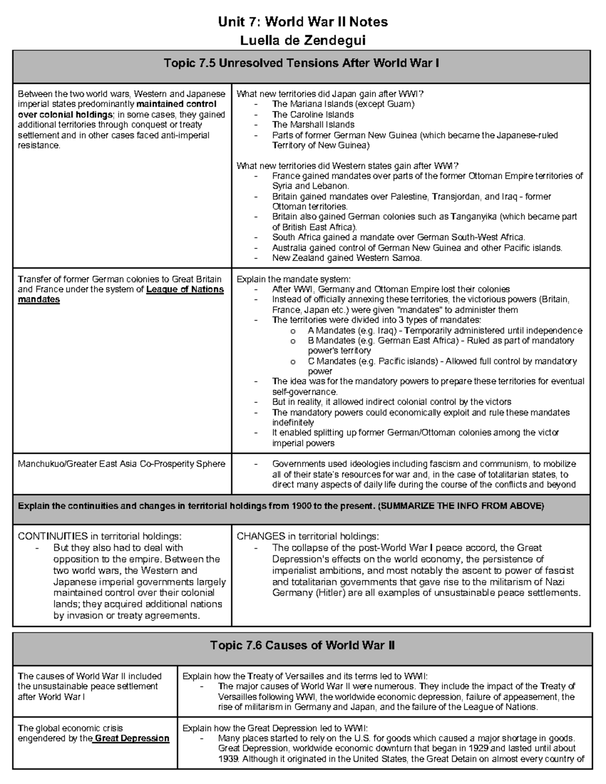 Unit 7 - WWII Guided Notes: Causes, Conduct, and Consequences - Studocu