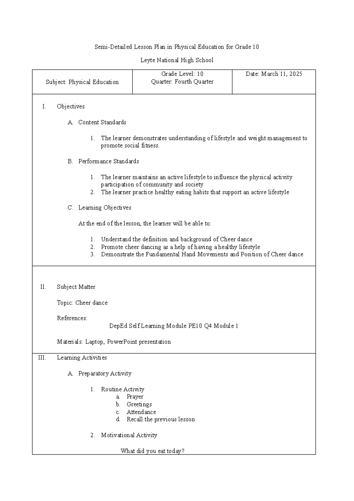 LP PE10 Q4: Semi-Detailed Lesson Plan on Cheer Dance for Grade 10 - Studocu