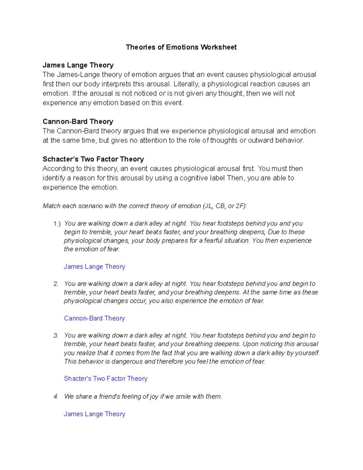Theories of Emotions: Worksheet on James-Lange, Cannon-Bard ...