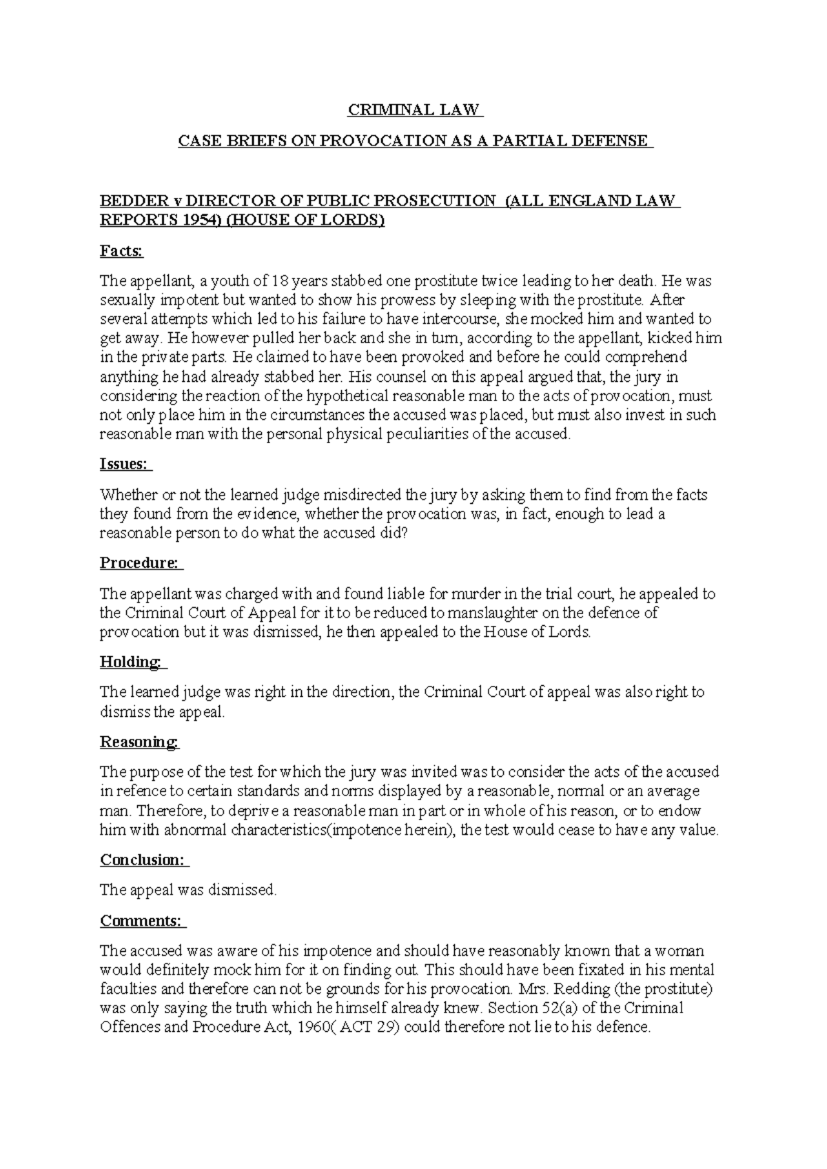 CRIMINAL LAW: Case Briefs on Provocation as Partial Defense (LAW 101 ...