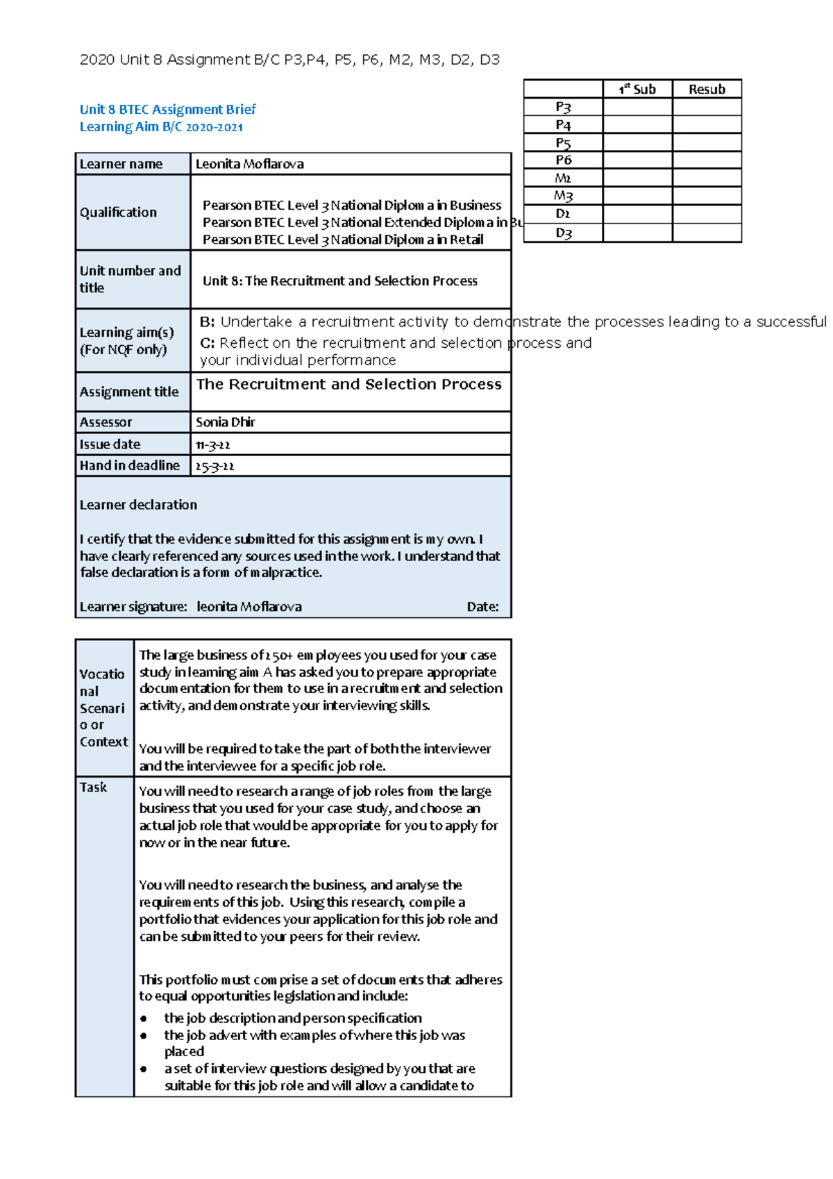 Assignment 2 Unit 8 - job description, application form, created application form P1-M3 - 2020 ...