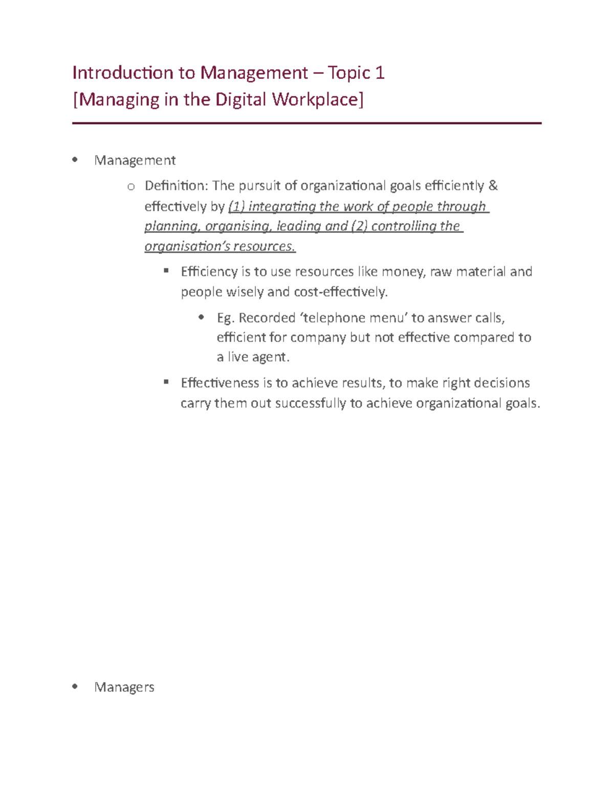Introduction to management notes, for RMIT - Introduction to Management ...
