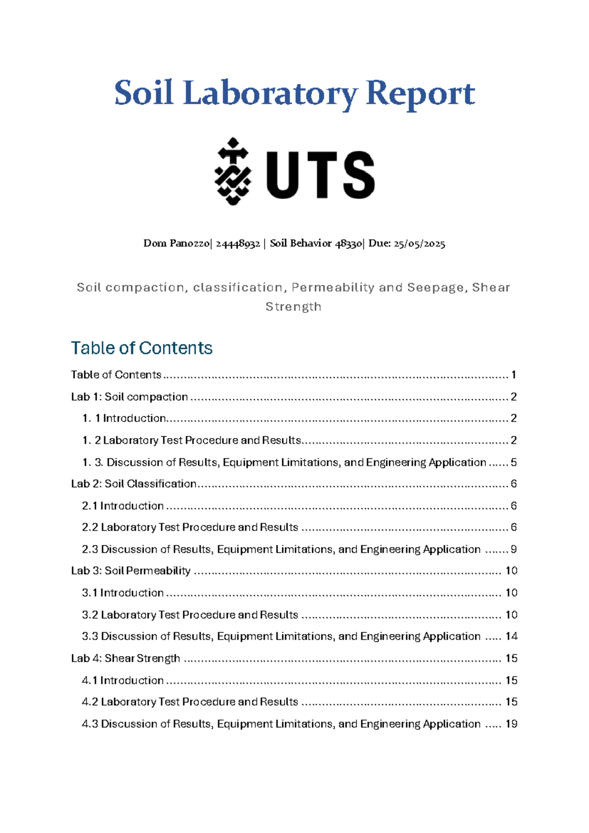 Soil Laboratory Reports 1-4: Compaction, Classification, Permeability ...