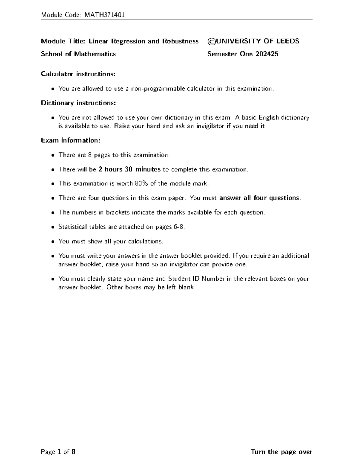 MATH371401 - Linear Regression & Robustness Past Exam Paper 2024 - Studocu