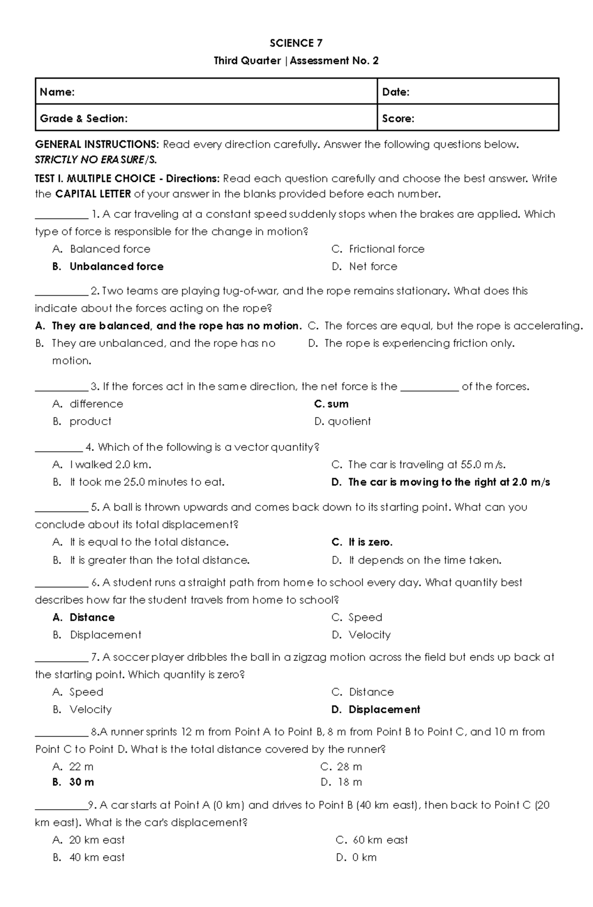 Science 7 - Assessment No. 2 - Q3 - SCIENCE 7 Third Quarter |Assessment ...