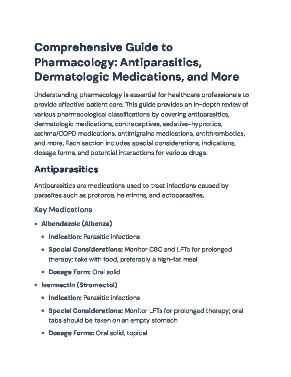 Pharmacology Overview: Antiparasitics & Dermatologic Medications - Studocu