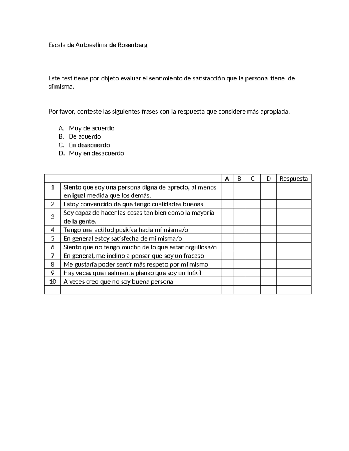Escala de Autoestima de Rosenberg: Evaluación de Satisfacción Personal - Studocu