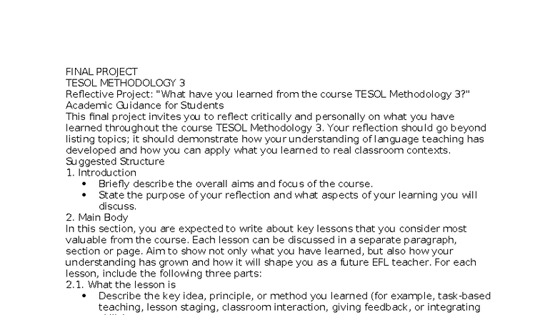 FINAL PROJECT TESOL METHODOLOGY 3: Reflective Insights on Learning ...