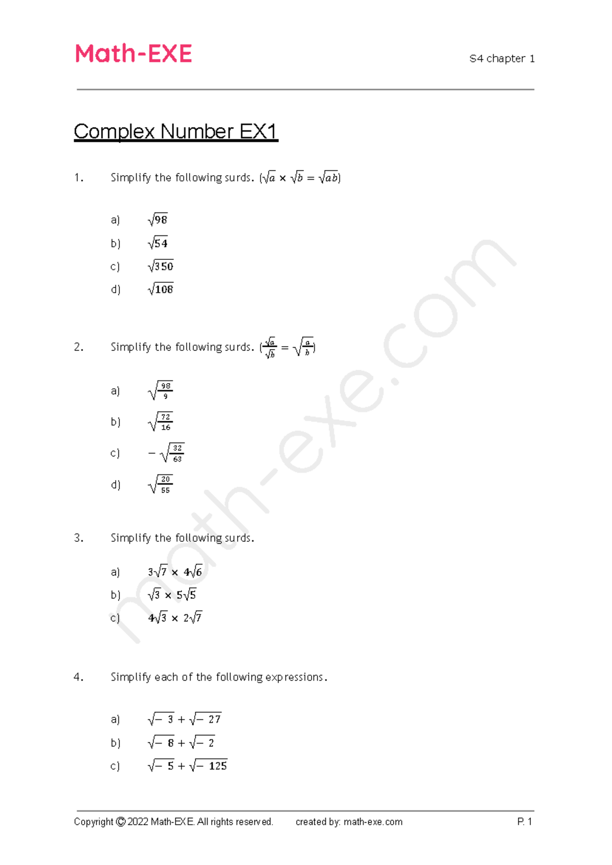 S4 Chapter 1 Complex Numbers Exercise 1 Solutions - Studocu