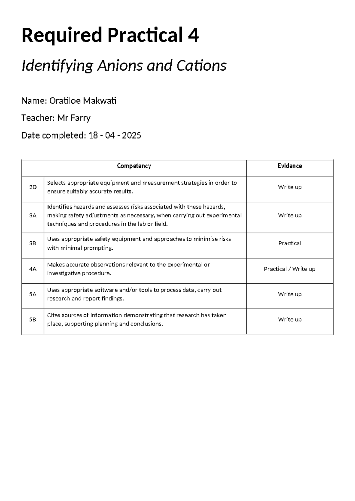 RP4 Identifying Anions and Cations - Practical Write Up - Studocu