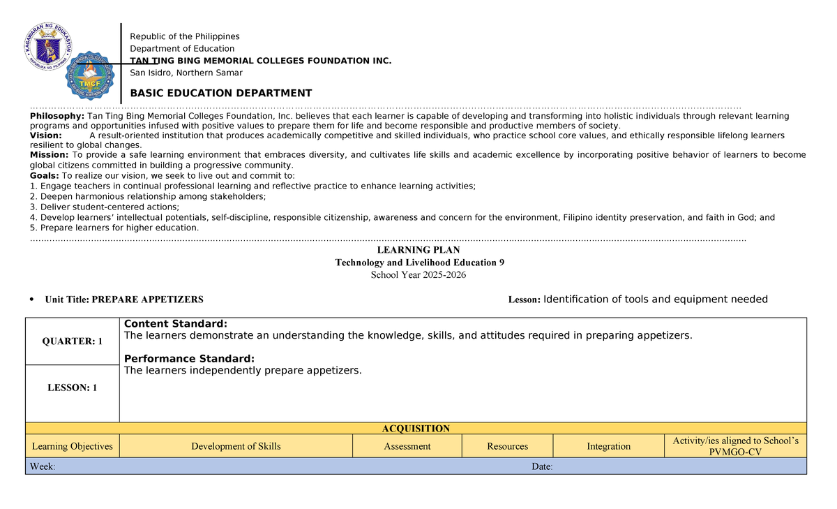 LP - Learning Plan for TLE 9: Preparing Appetizers - Studocu