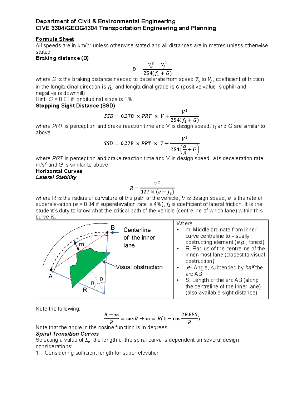 Transportation Engineering CIVE Midterm Formula Sheet - Studocu
