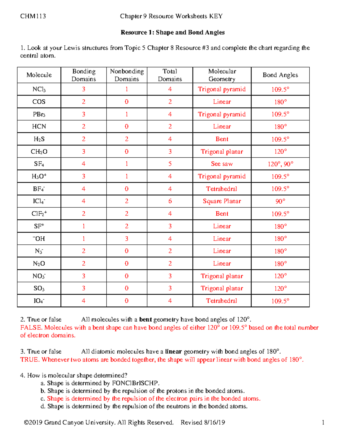 CHM113 T5 Ch9 Worksheets KEY F19 - Resource 1: Shape and Bond Angles ...