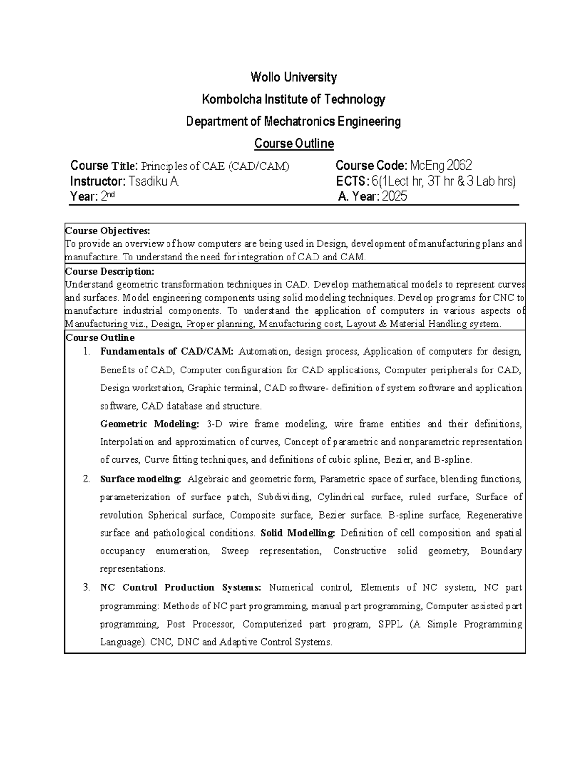 CAD CAM Course Outline 2025 - Wollo University Kombolcha Institute of ...