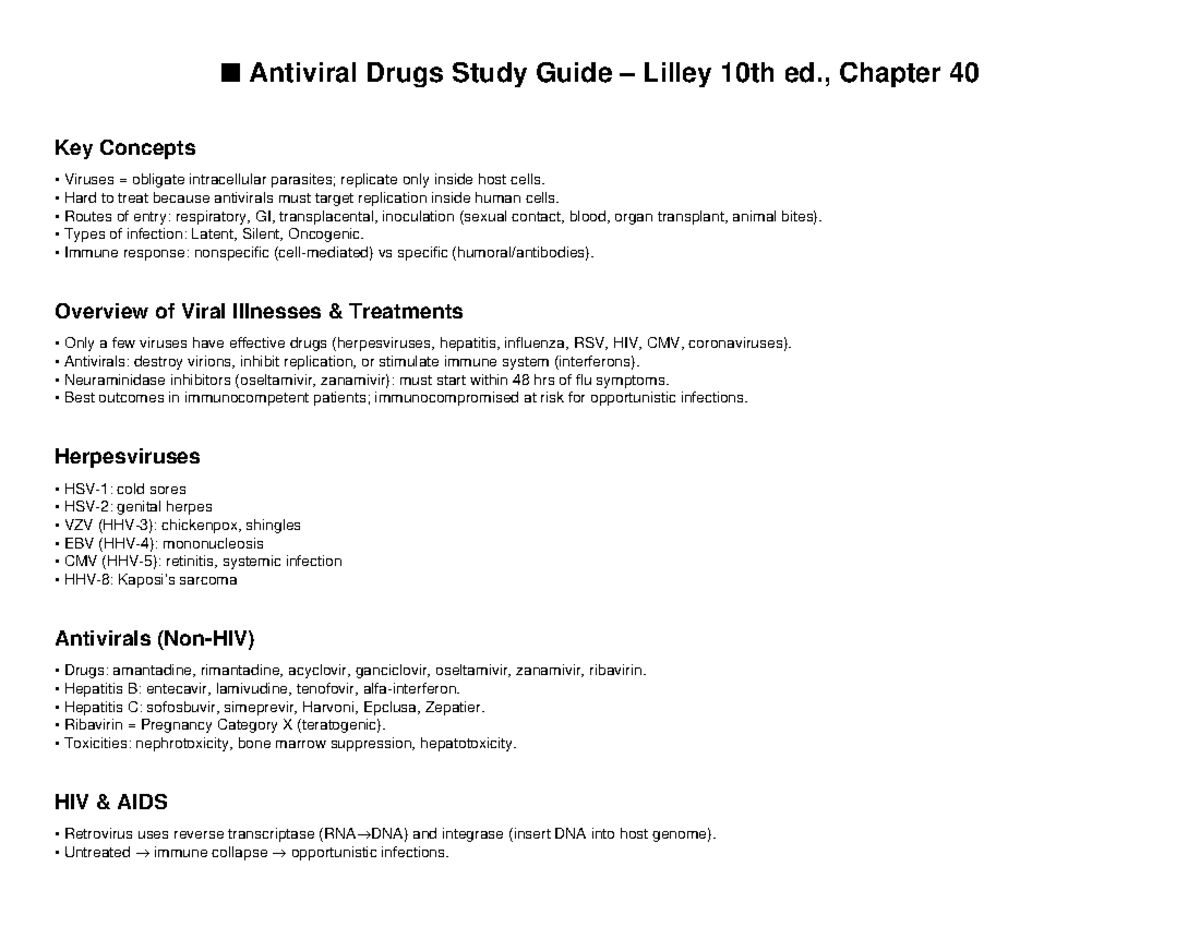 Antiviral Drugs Study Guide - Lilley 10th Ed., Ch. 40 Overview - Studocu