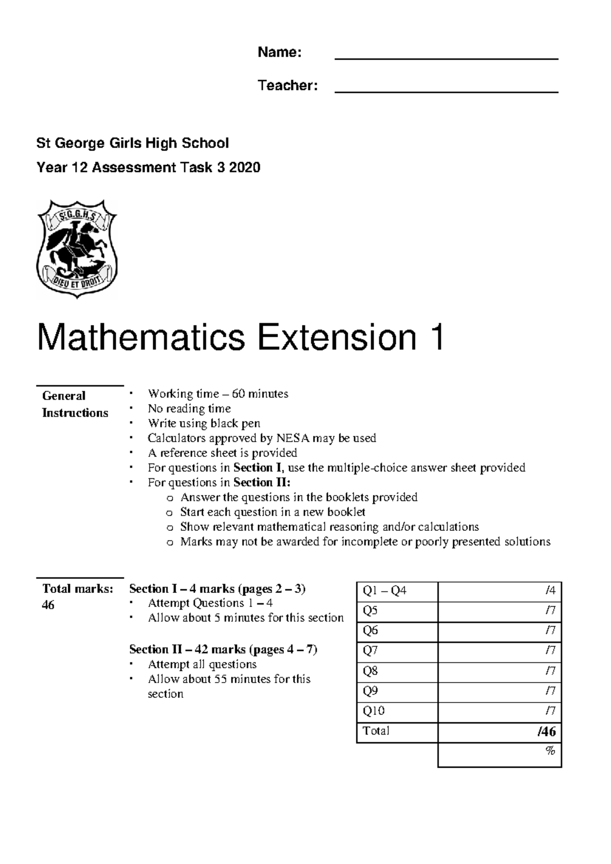 Year 12 Mathematics Extension 1 Assessment Task 3 (12MAX CT3) 2020 ...