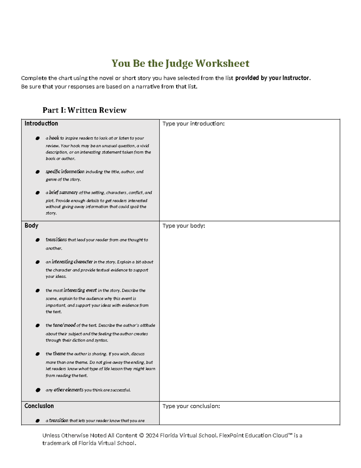 You Be the Judge Worksheet: Short Story Review Guide - Studocu