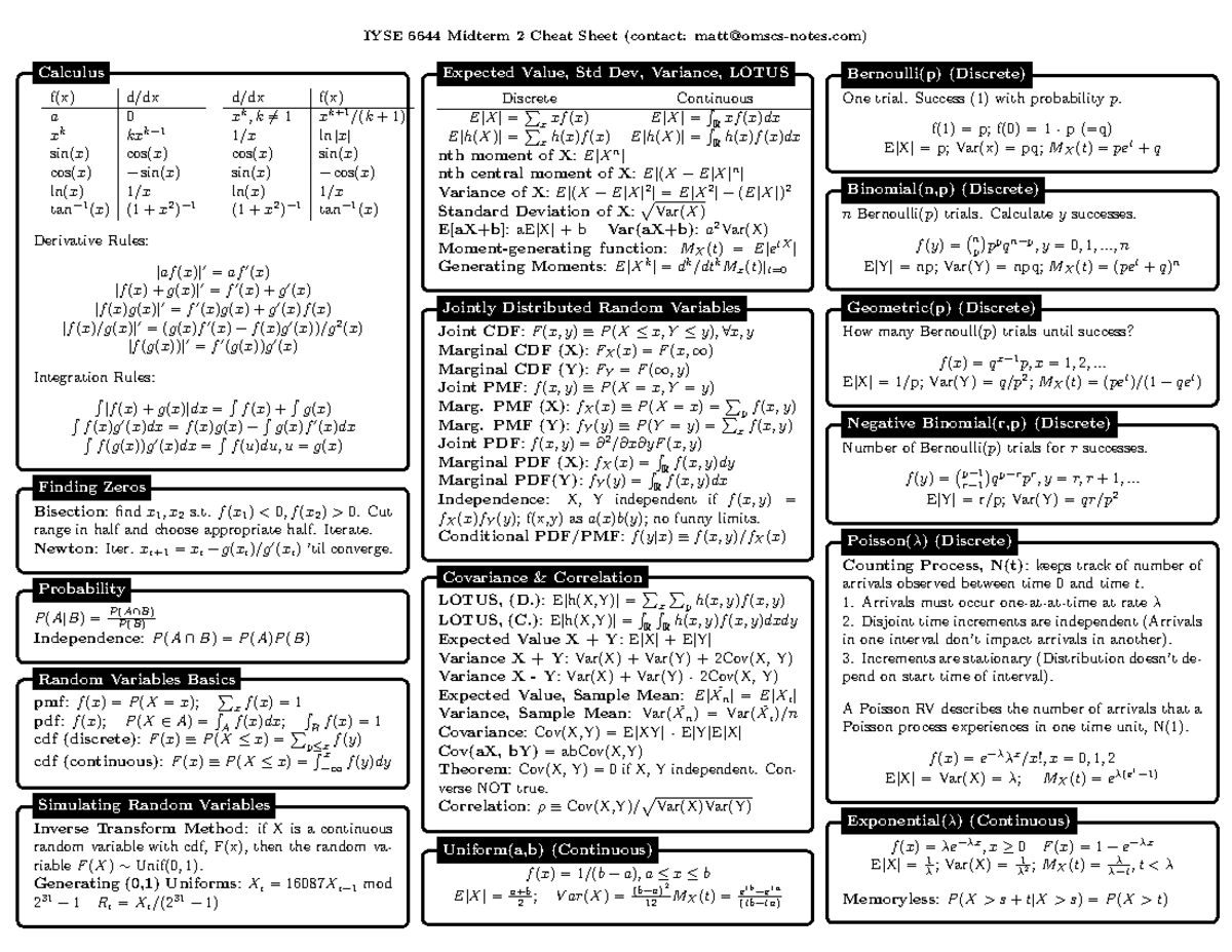 IYSE 6644 Midterm 2 Cheat Sheet: Key Formulas & Concepts in Calculus - Studocu