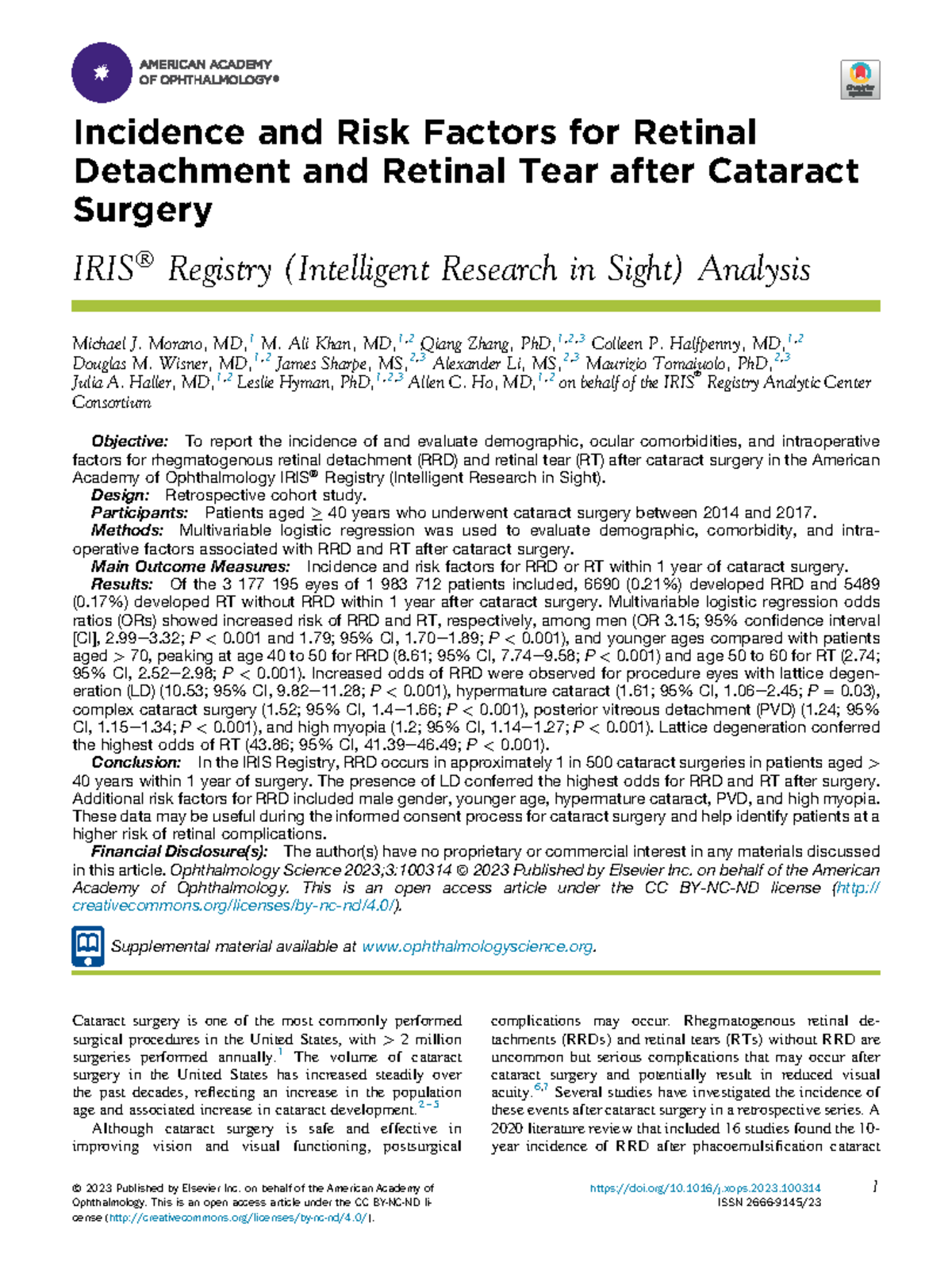 Incidence and Risk Factors for RRD and RT Post-Cataract Surgery ...