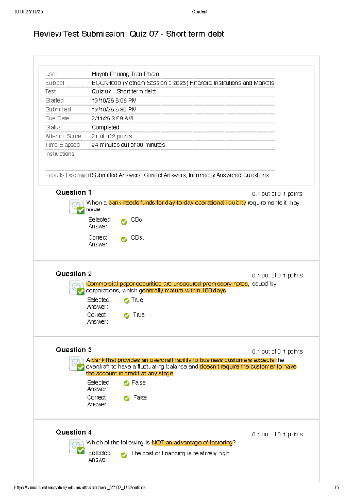 ECON1003 Quiz 07 Review: Short Term Debt Insights - Studocu