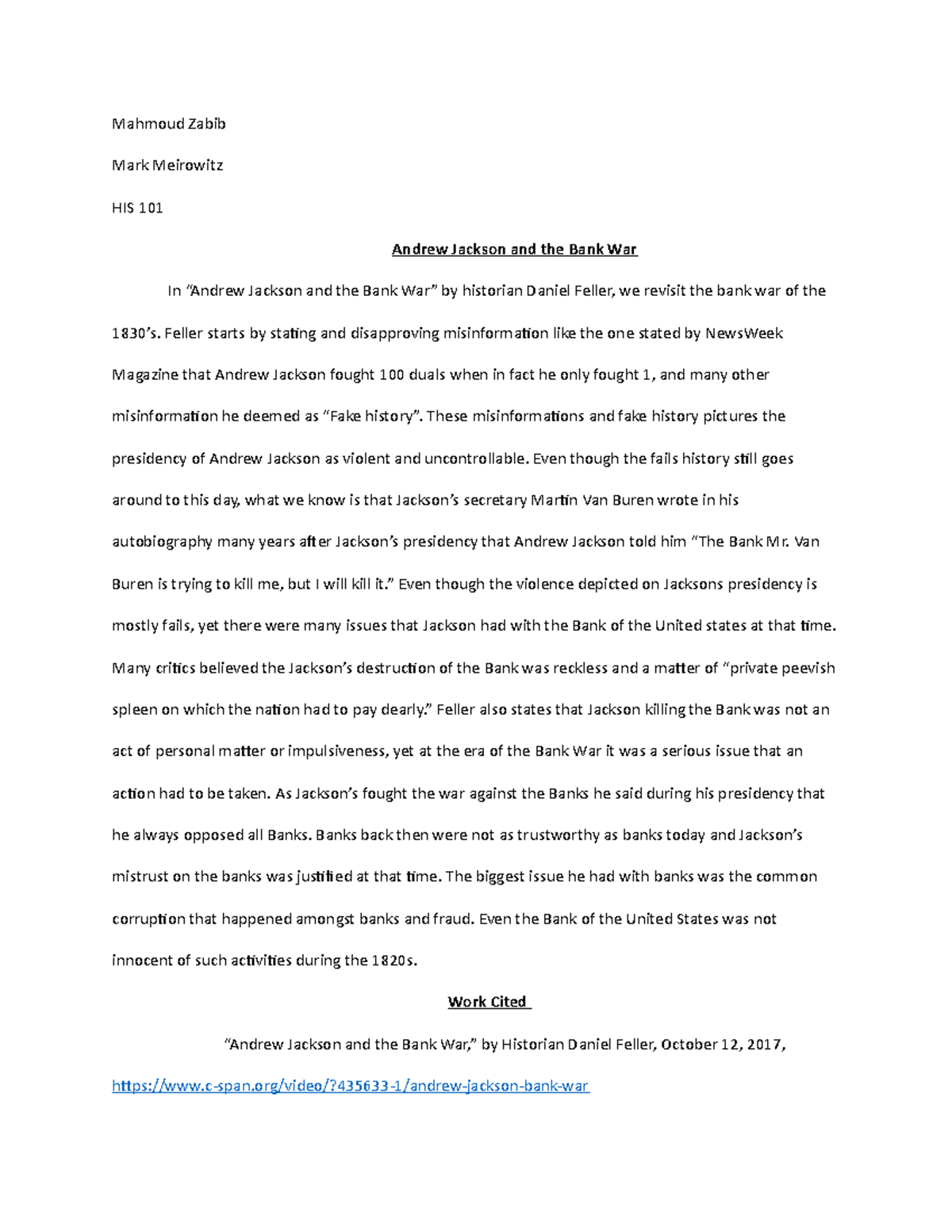 HIS 101 - Andrew Jackson and the Bank War Analysis Assignment - Studocu