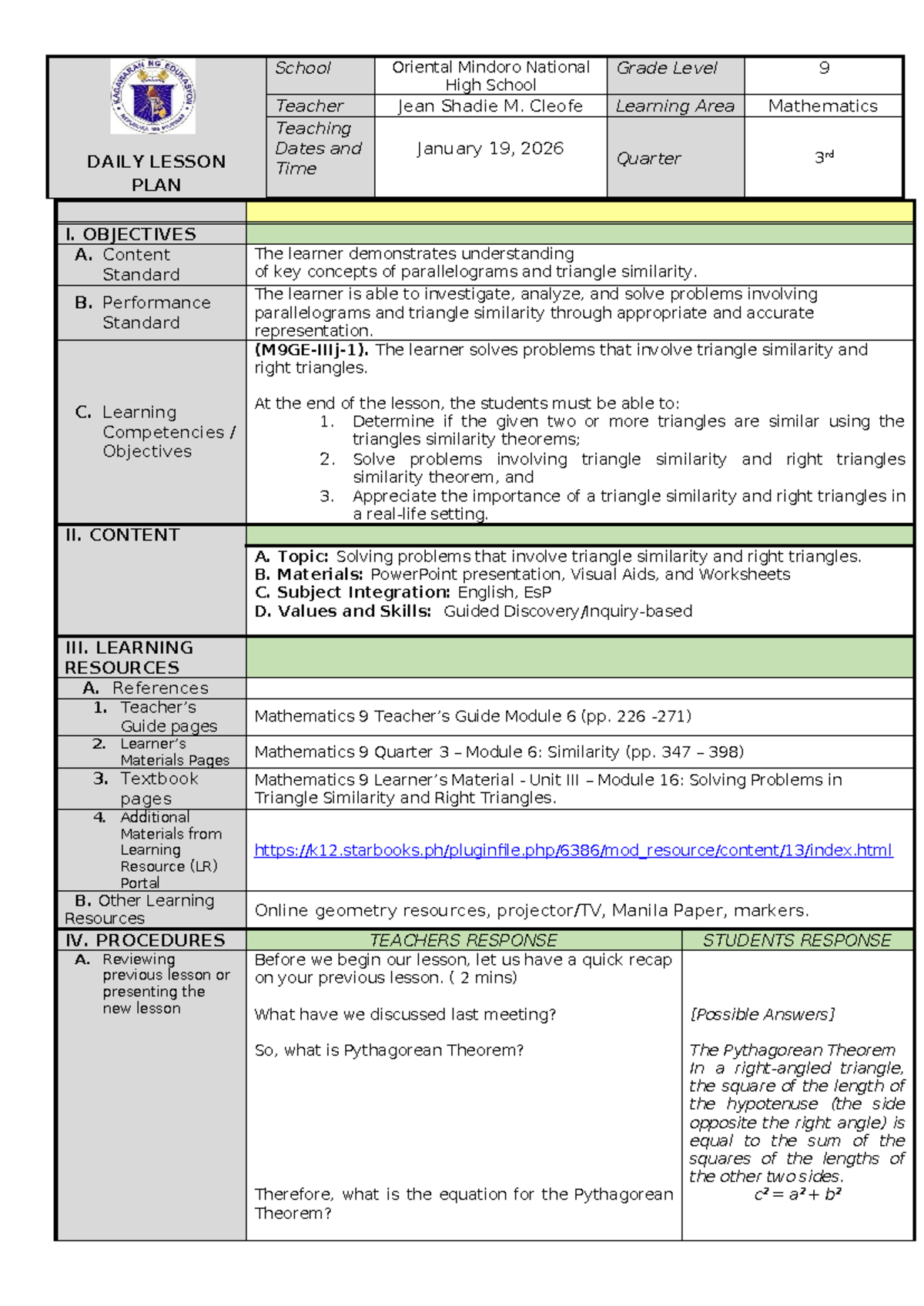 Mathematics 9 Lesson Plan: Triangle Similarity & Right Triangles - Studocu