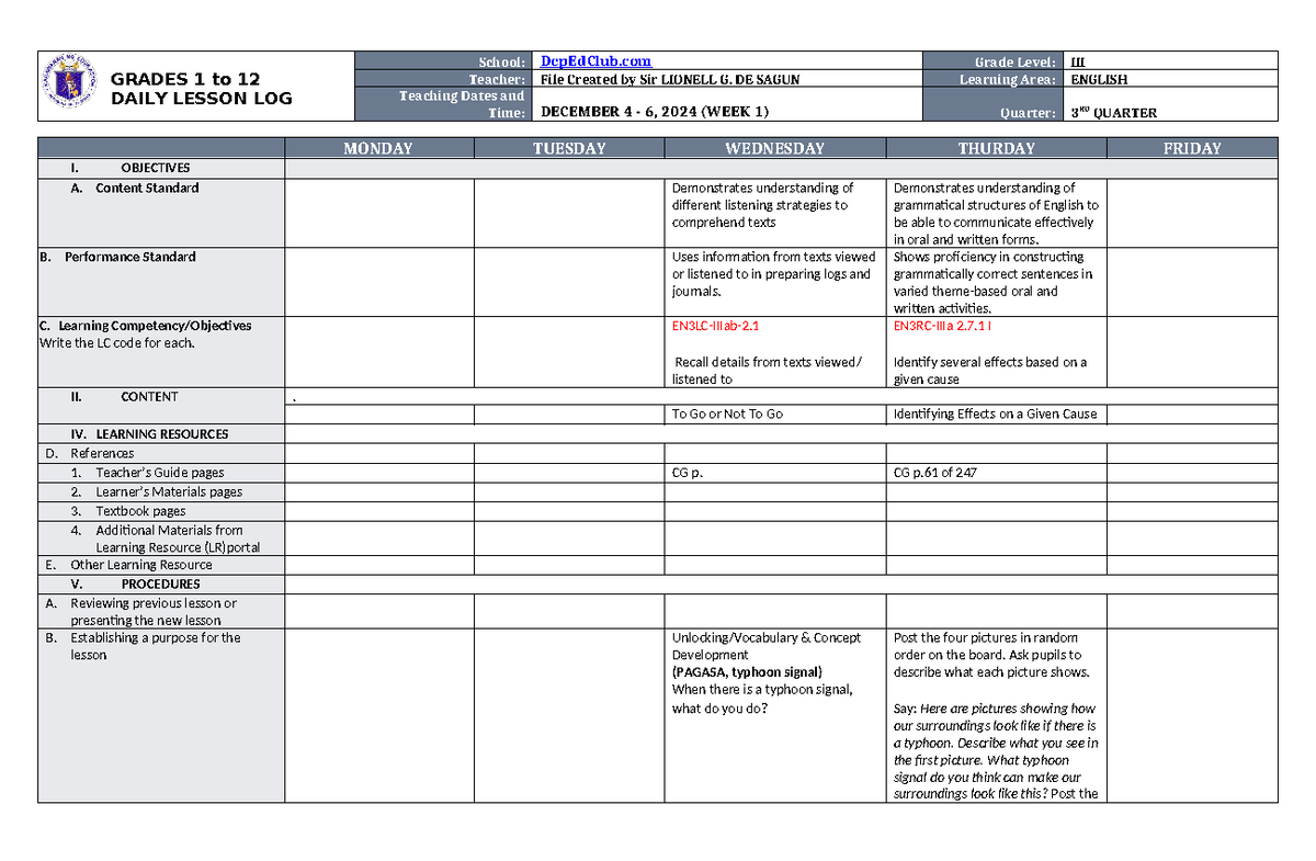 DLL English 3 Q3 W1 - GRADES 1 to 12 DAILY LESSON LOG School: DepEdClub ...