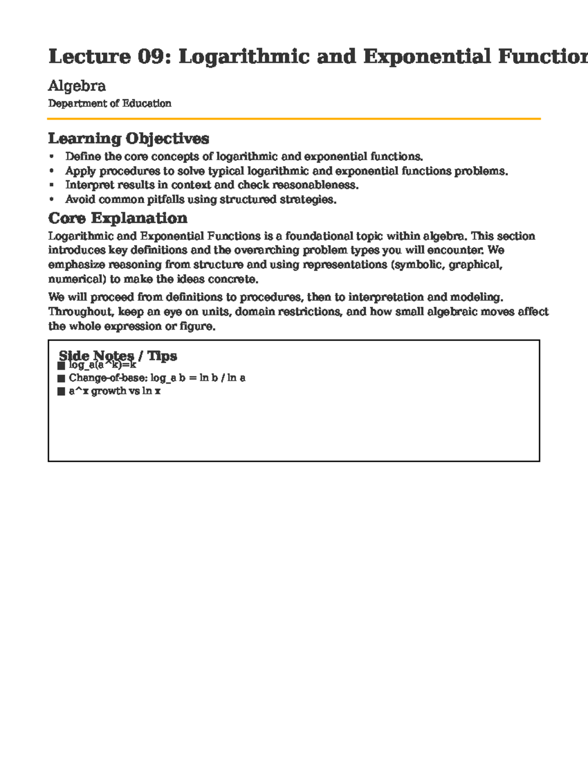 Lecture 09: Logarithmic & Exponential Functions Overview - Studocu