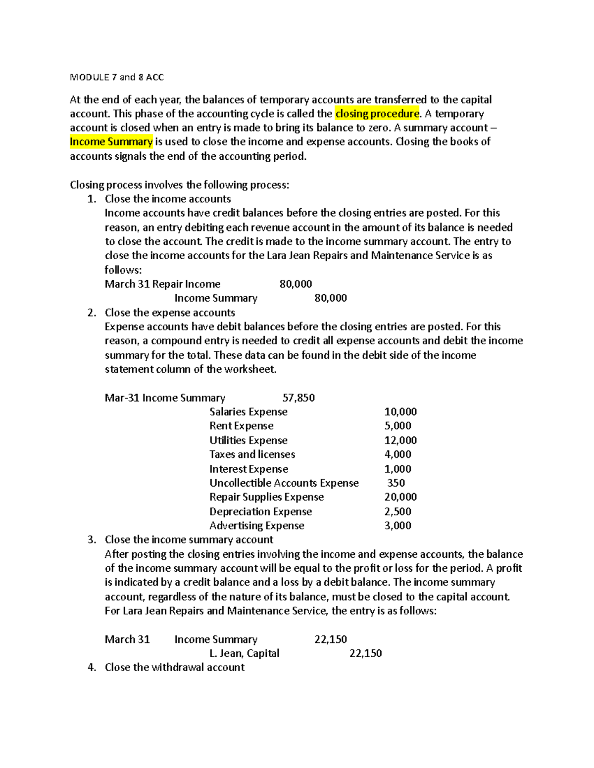 Module 7 and 8 ACC - Closing Procedures and Trial Balance Notes - Studocu