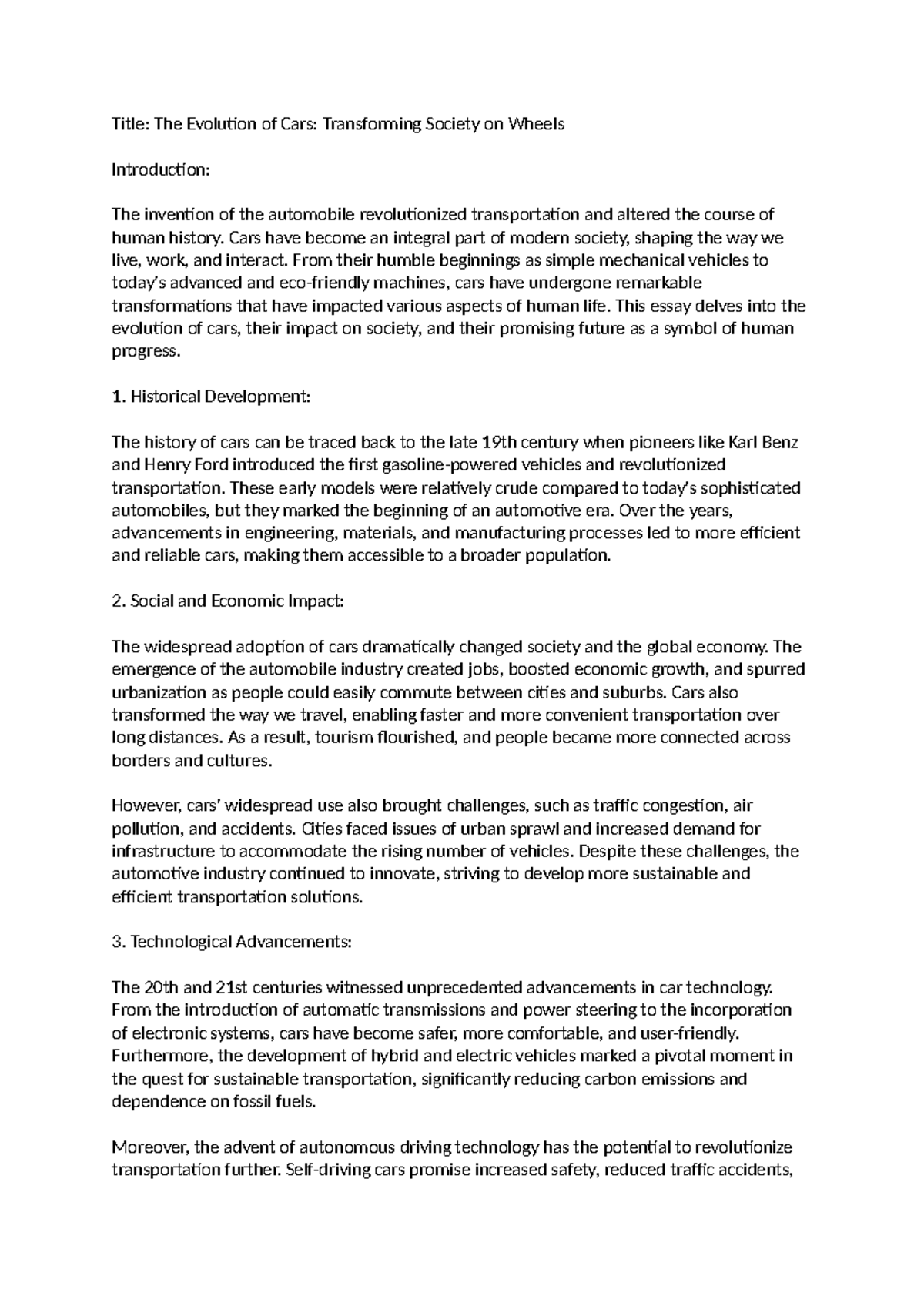 The Evolution of Cars: Societal Impact and Future (ENG101 Essay) - Studocu