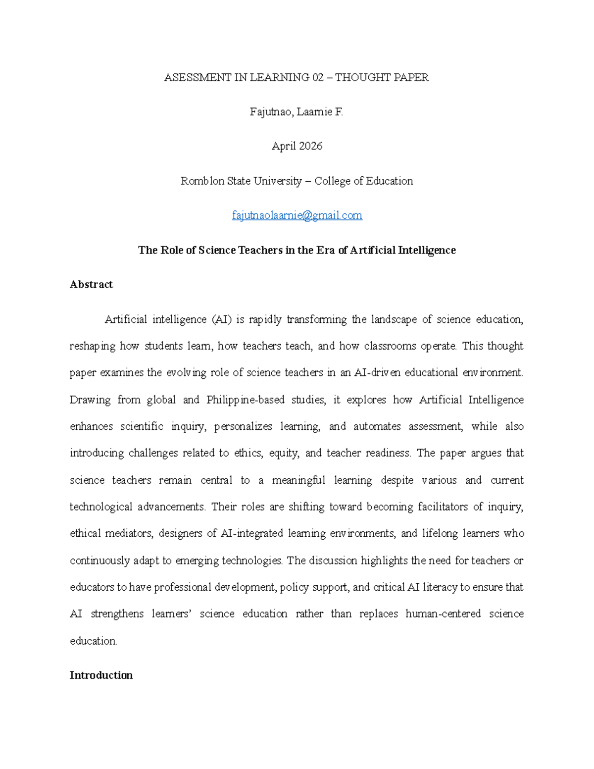 ASESSMENT IN LEARNING 02: The Evolving Role of Science Teachers in AI ...