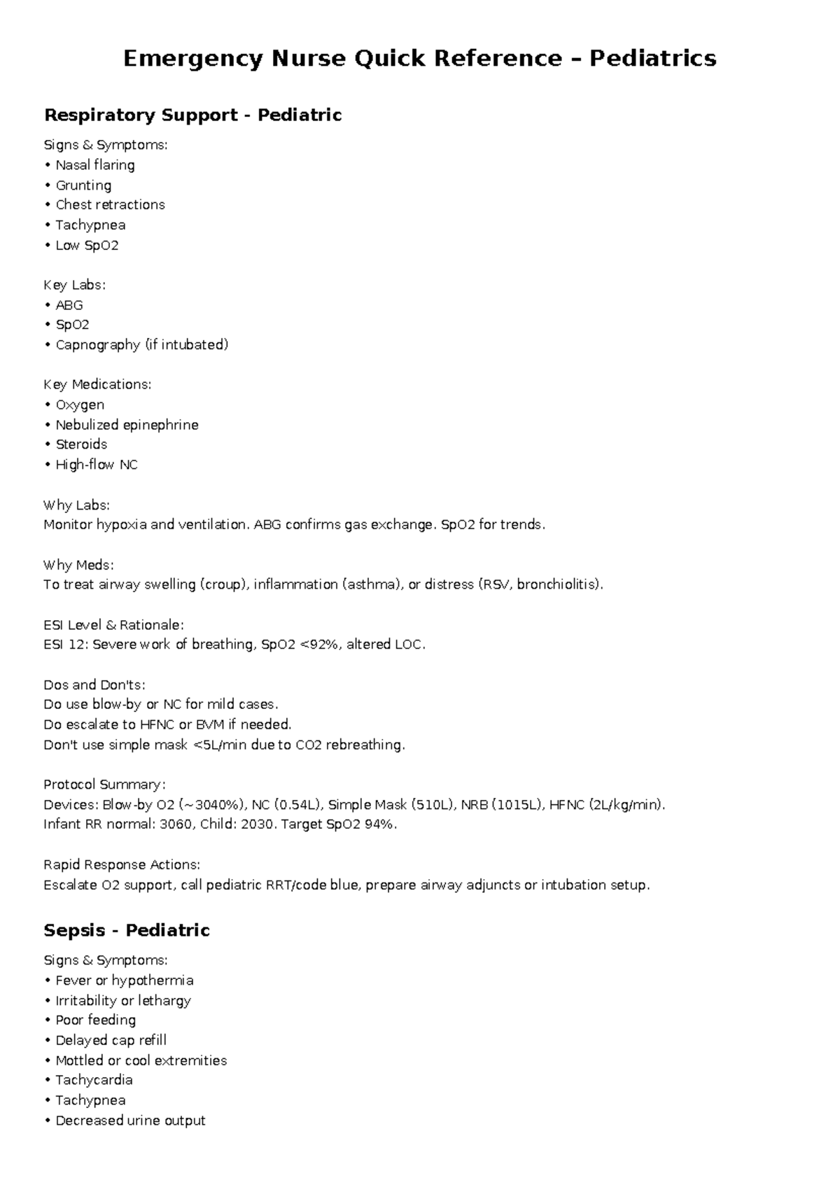 Pediatric Emergency Nurse Cheat Sheet: Respiratory & Sepsis Protocols ...