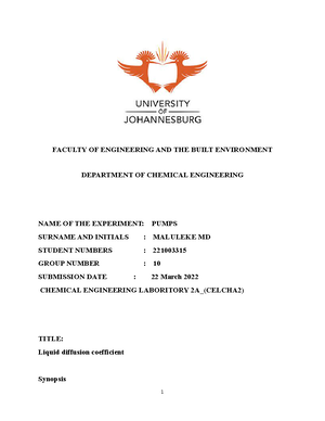 Baloyi SP 222038519 Liquid Diffusion LAB PRAC Report - (1) - Title: LIQUID DIFFUSION COEFFICIENT ...