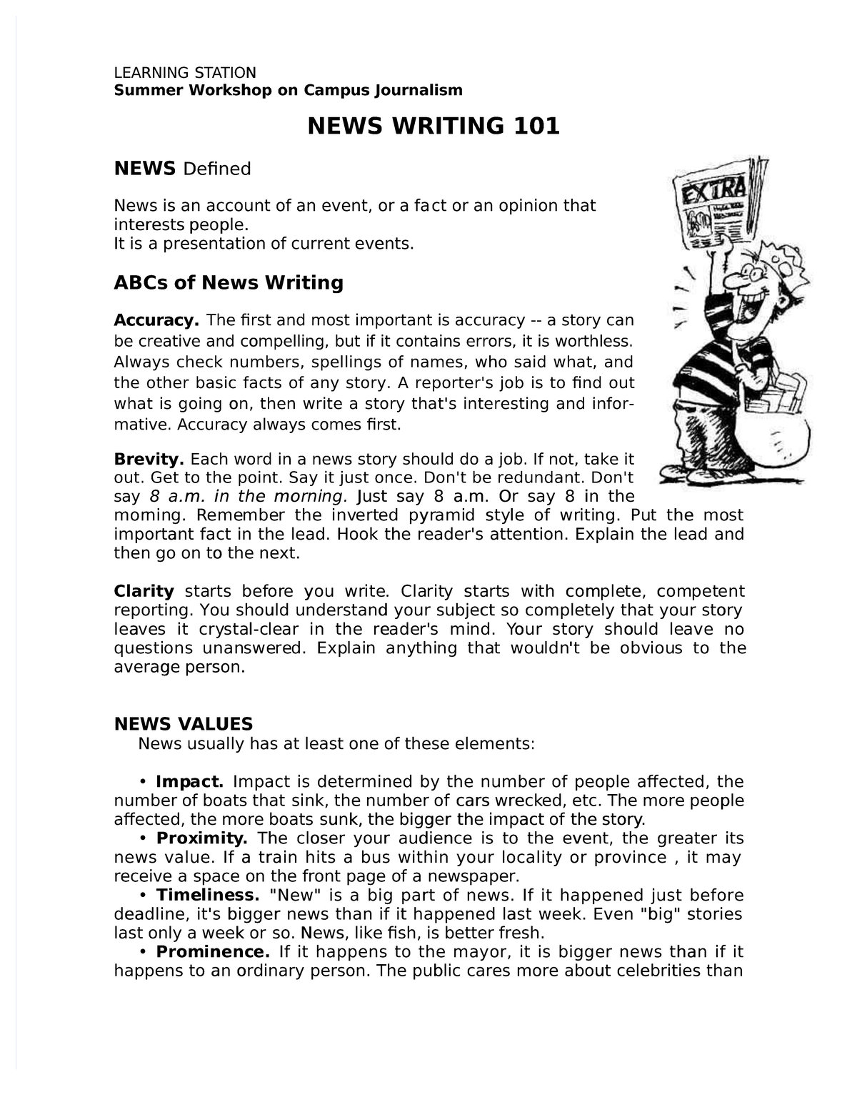 LEARNING STATION Summer Workshop: News Writing 101 Overview - Studocu