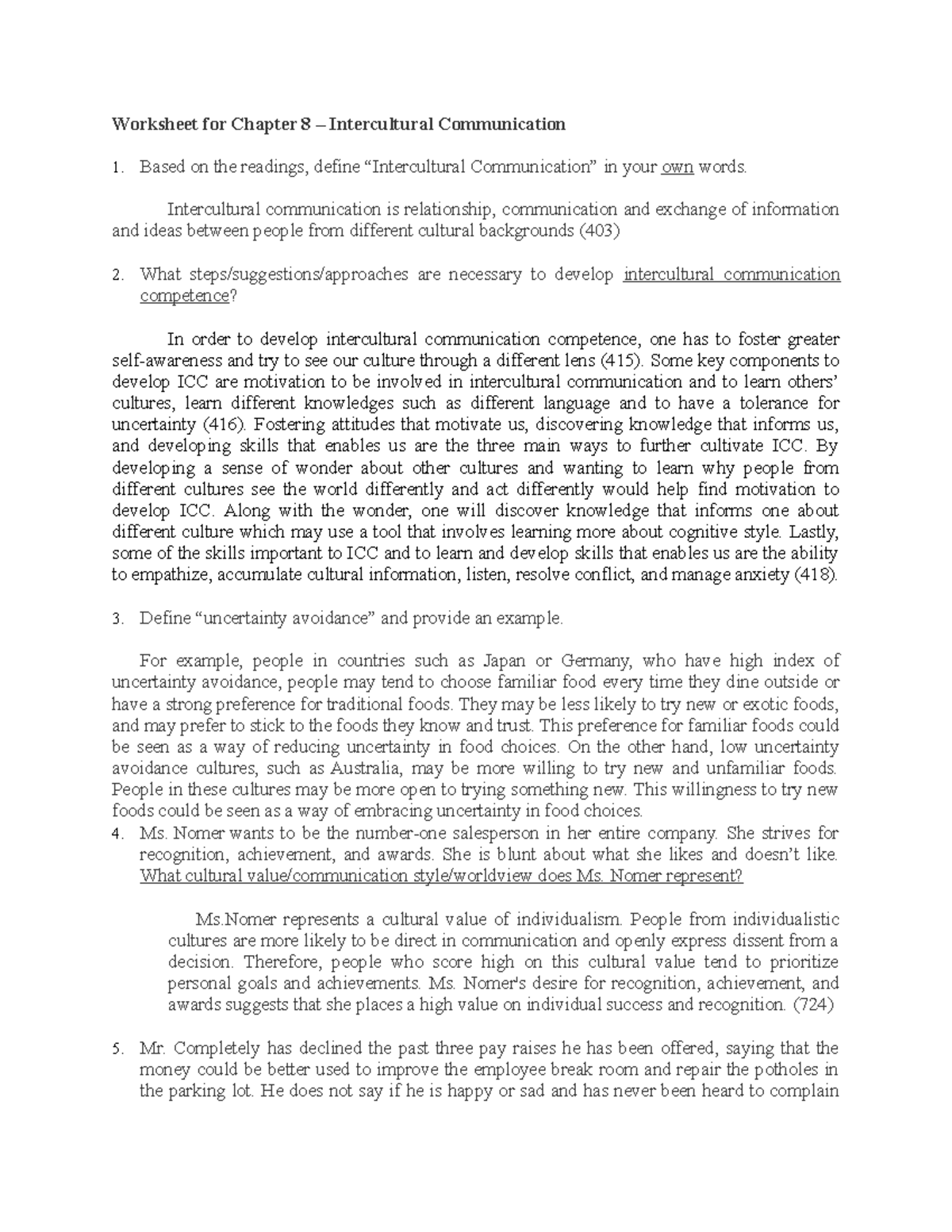 Chapter 8 Worksheet: Intercultural Communication Concepts and Skills ...