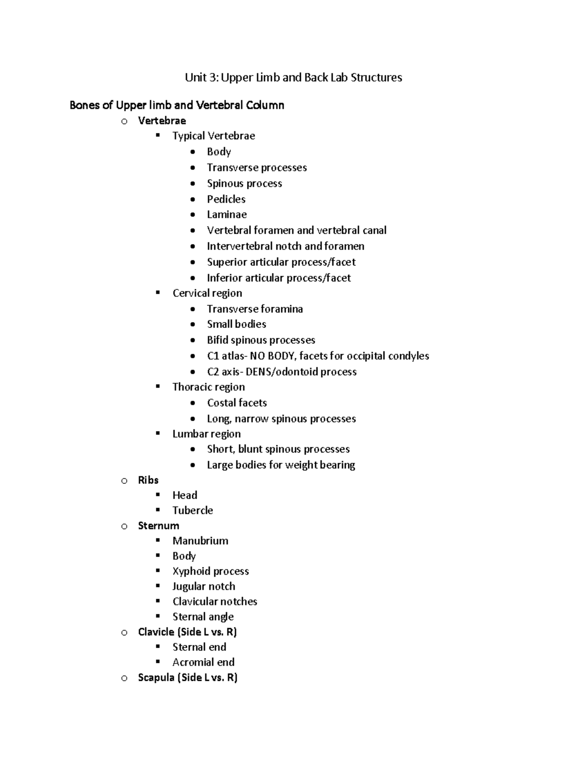 Unit 3: Overview of Upper Limb & Back Anatomy Lab Structures - Studocu