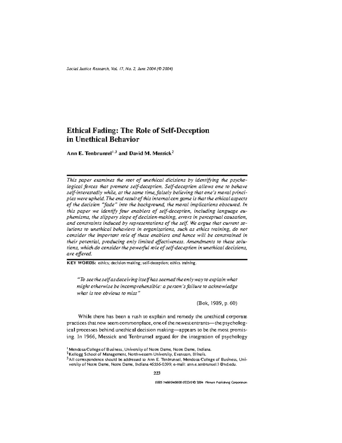 Ethical Fading (Ethics 2004): Understanding Self-Deception's Role in ...