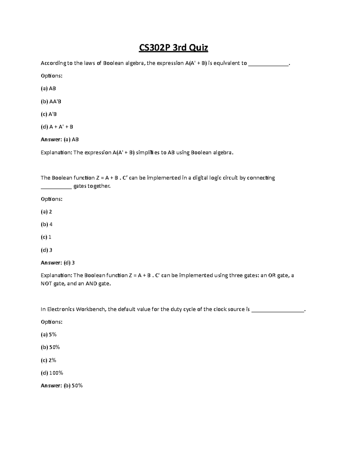 CS302P 3rd Quiz - CS302P 3rd Quiz According to the laws of Boolean ...
