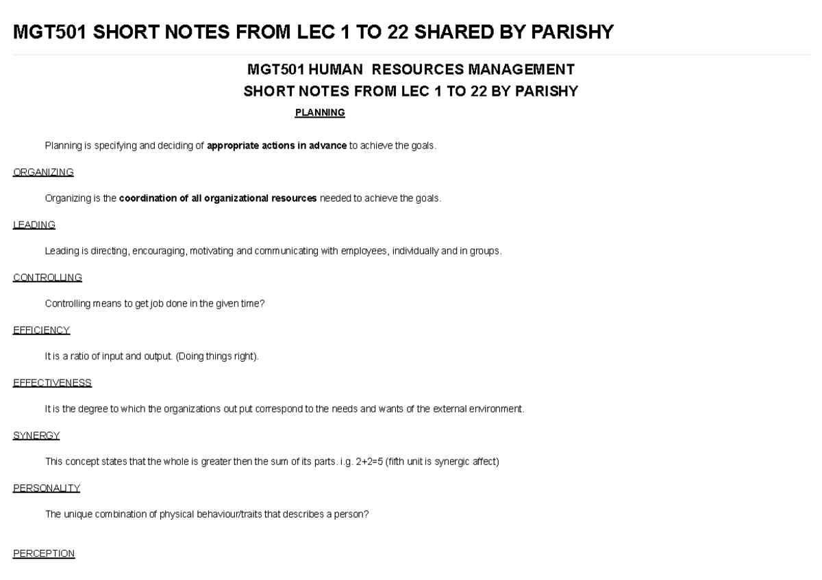 MGT501 Final Exam Short Notes: Lectures 1-22 Overview by Parishy - Studocu