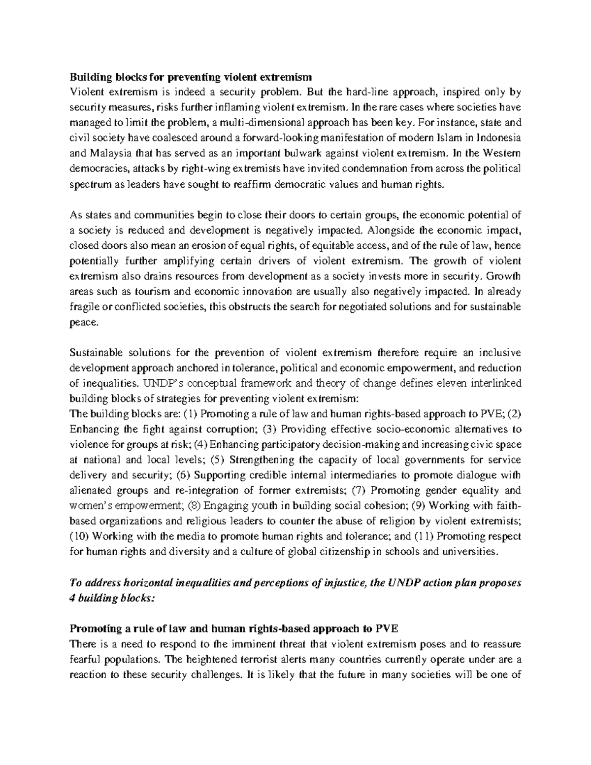 UNDP Action Plan: Building Blocks for Preventing Violent Extremism ...