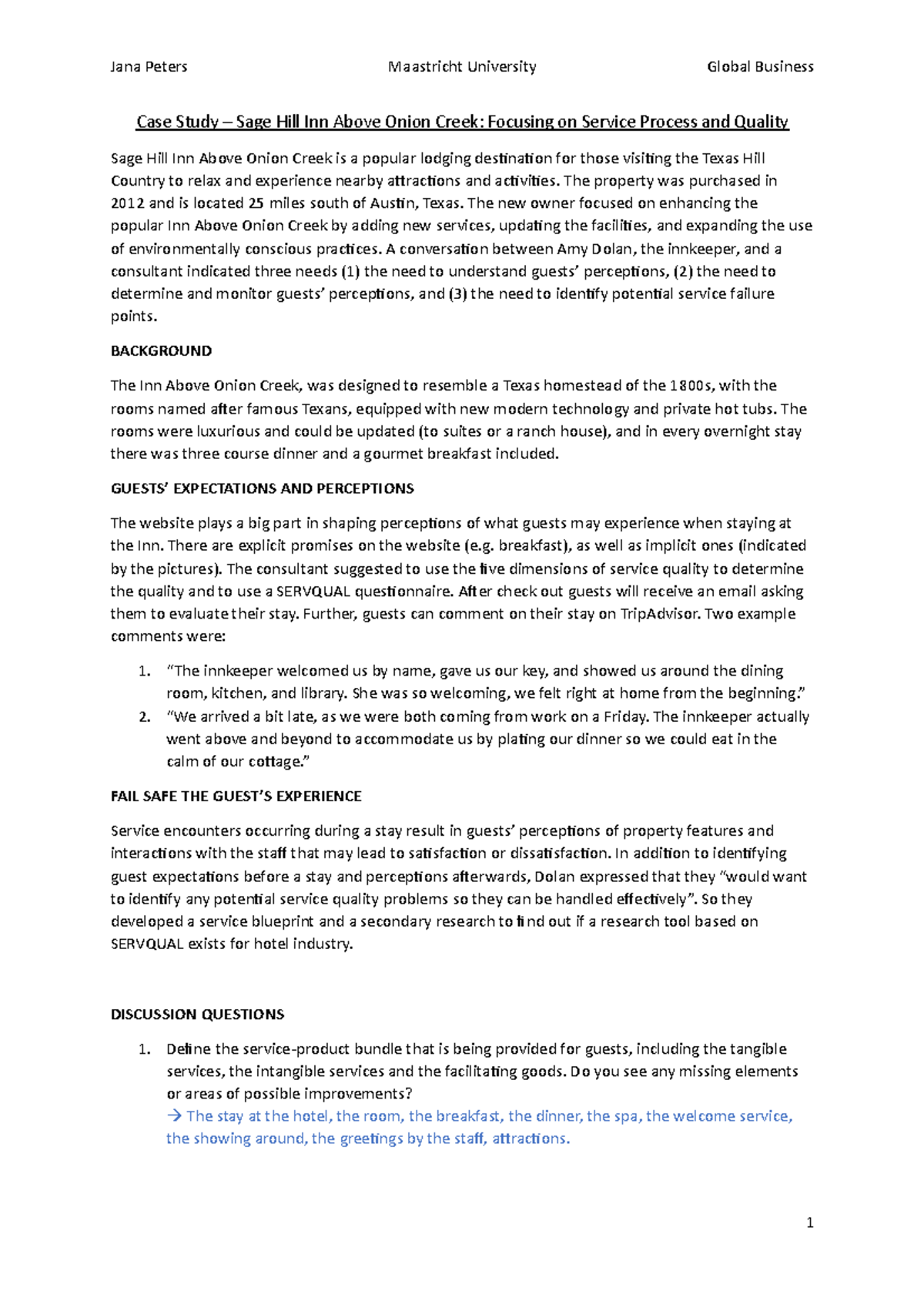 Case Study GSBC 2023: Service Quality at Sage Hill Inn Above Onion Creek - Studocu