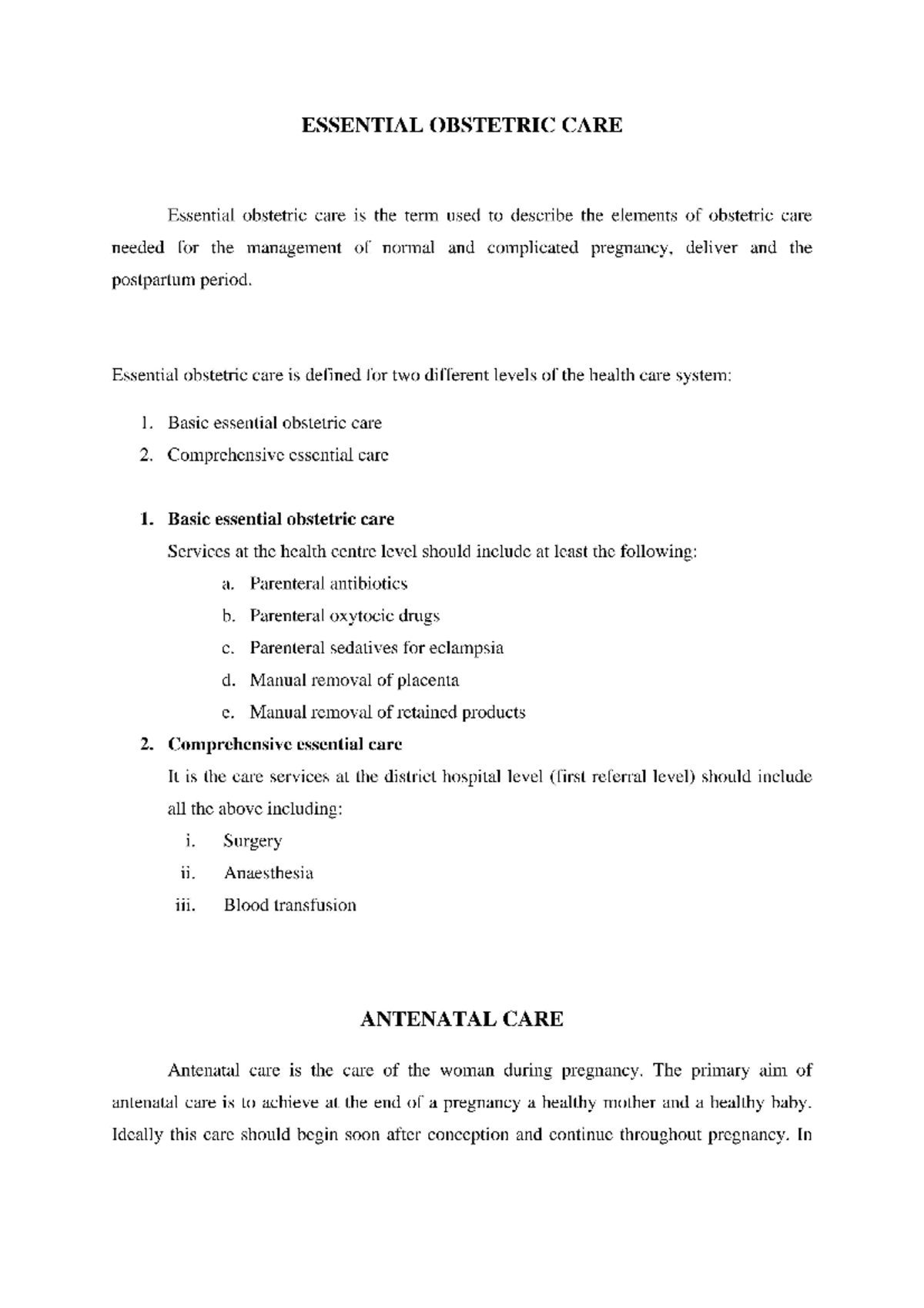 Essential Obstetric Care (Pre, Intra and Post natal care) - Bsc nursing ...