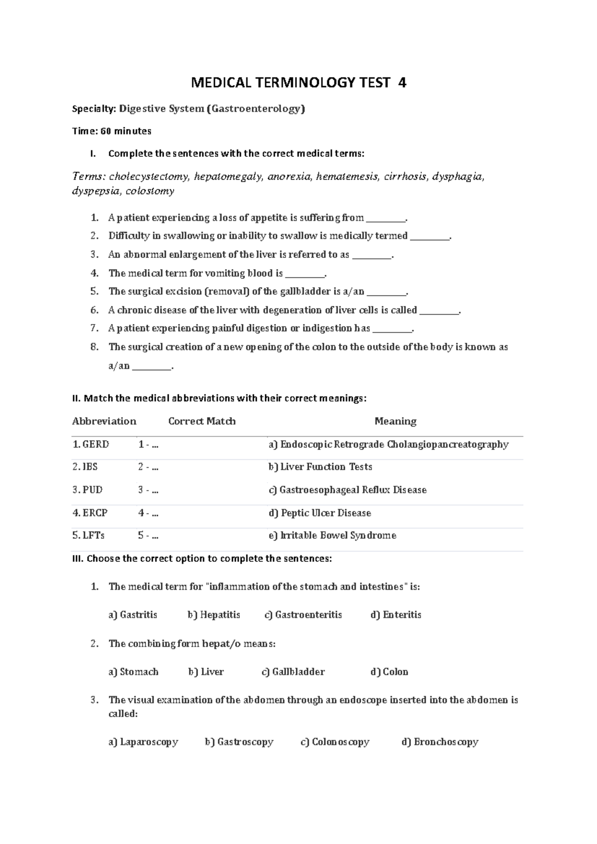 Ôn Tập MEDICAL TERMINOLOGY TEST 4: Digestive System Review - Studocu