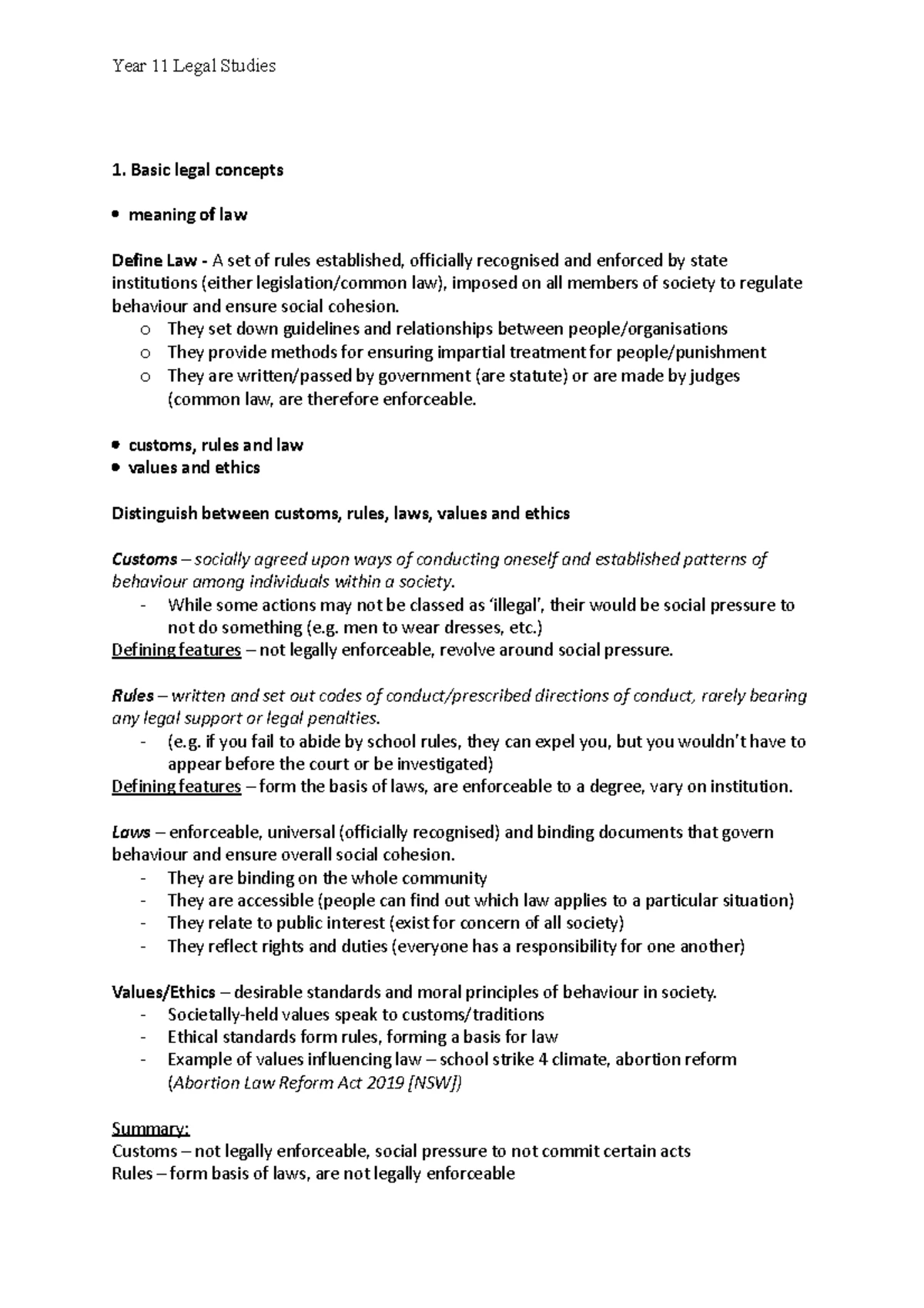 Yr 11 Legal Studies Notes 2024: Key Concepts and Case Studies - Studocu