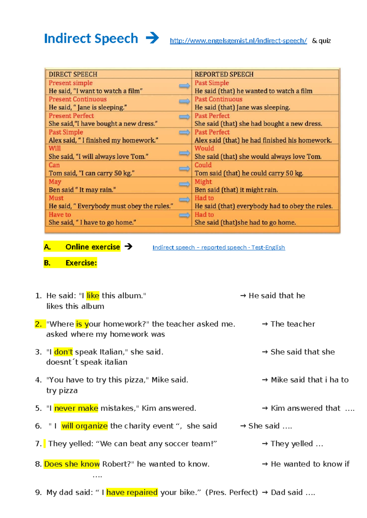 Indirect Speech Exercise & Quiz: Reported Speech Practice - Studeersnel