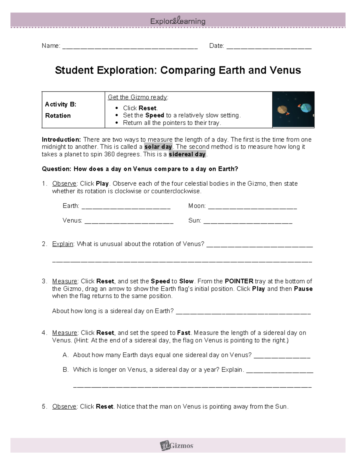 Comparing Earth and Venus Rotation: SE Activity B Insights - Studocu